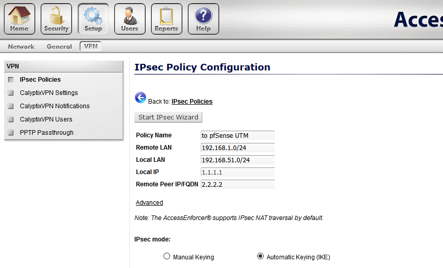 IPsec VPN: pfSense UTM to AccessEnforcer